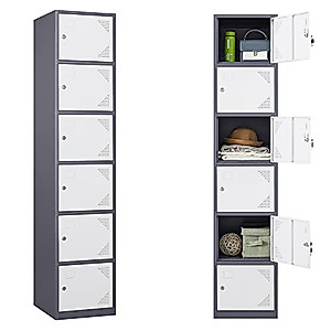 Metal Lockers for Employees - 71" Storage Locker Cabinet Large Employee Lockers with 6 Doors - 6 Tier Steel Lockers for Kids Bedroom, Gym, School, Office, Garage (6 Doors, White Grey)