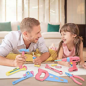 Magic4u Toy Tool Set Girl Pretend Play Construction Tool Accessories Tool Toys with Hat Tool Box Tape Measure Toy Electric Drill Hammer