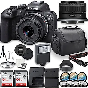 Canon EOS R10 Mirrorless Camera with RF-S 18-45mm f/4.5-6.3 is STM Lens + 2pc 64GB Memory Cards + Flash + Filters & More (Renewed)