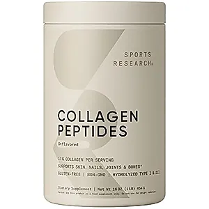 Sports Research Collagen Powder Supplement - Vital for Workout Recovery, Skin, & Nails - Hydrolyzed Protein Peptides - Great Keto Friendly Nutrition for Men & Women - Mix in Drinks (16 Oz)