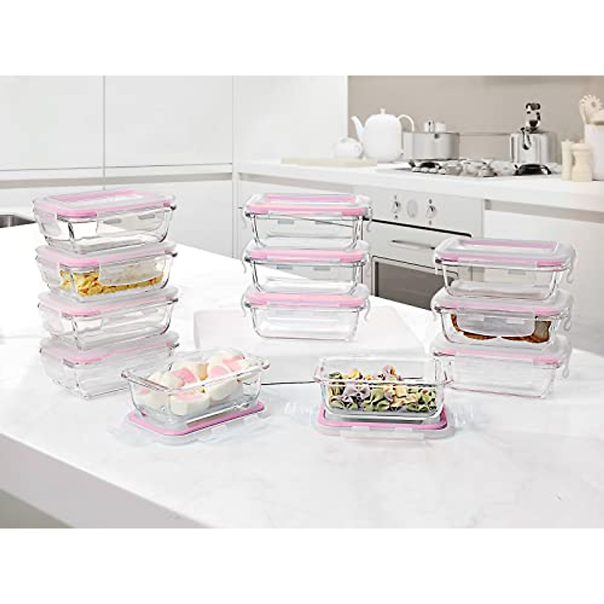 M MCIRCO [12-Pack, 6.3oz] Glass Food Storage Containers with Lids - Small Glass Jars for Snacks, Dips, Sauces - Freezer, Microwave, Dishwasher Friendly - Pink