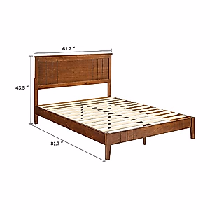 MUSEHOMEINC Mid-Century Modern Solid Wooden Platform Bed with Adjustable Height Headboard for Bedroom,Queen Size Wooden Bed Frame with Headboard,Wood Slat Support & No Box Spring Needed