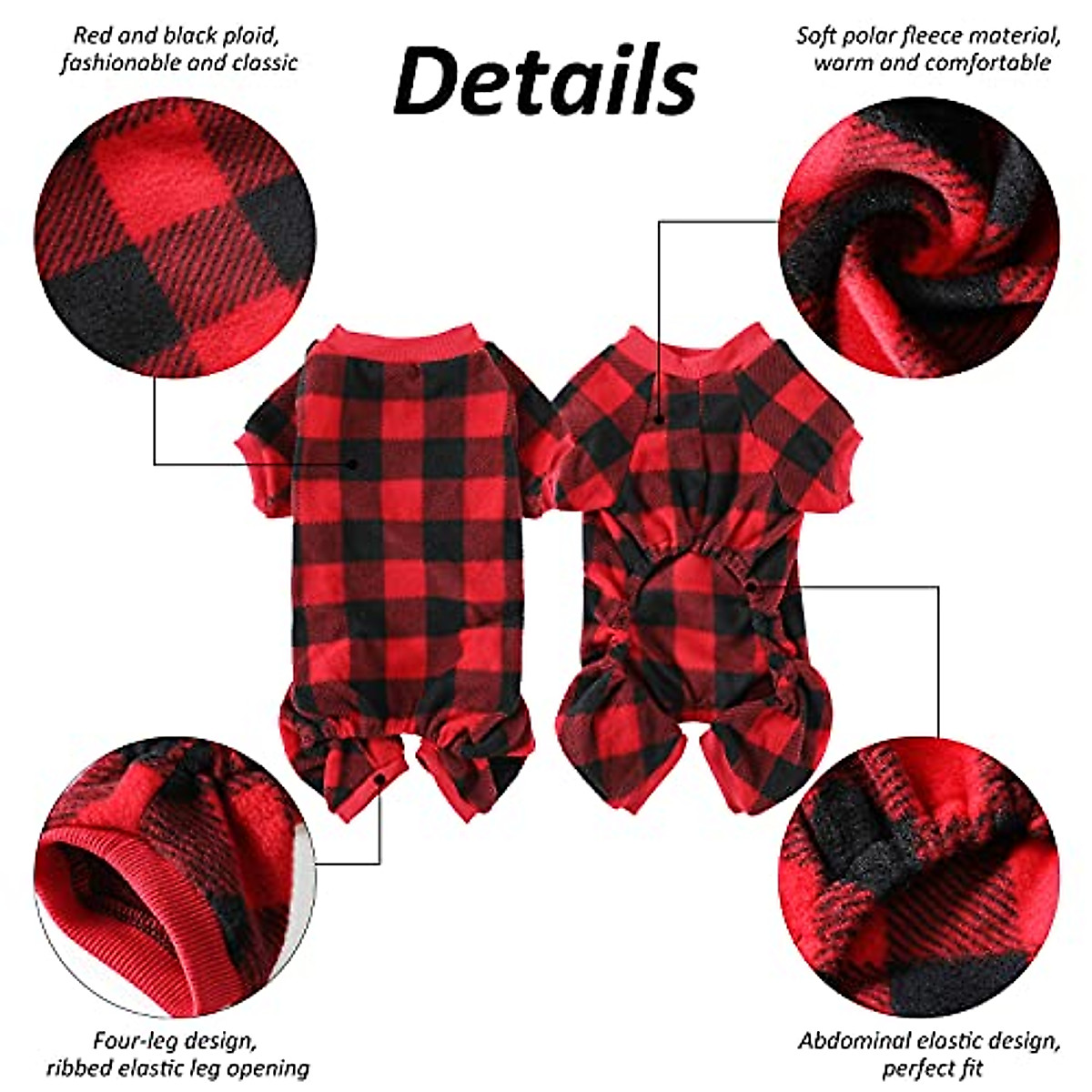 2 Pieces Christmas Dog Pajamas Red Plaid Buffalo Check Dog Sweaters Soft Fleece Pet Jumpsuit Costume Puppy Pajama Onesie Clothes Warm Winter Dog Outfits for Small Medium Sized Dogs Cats