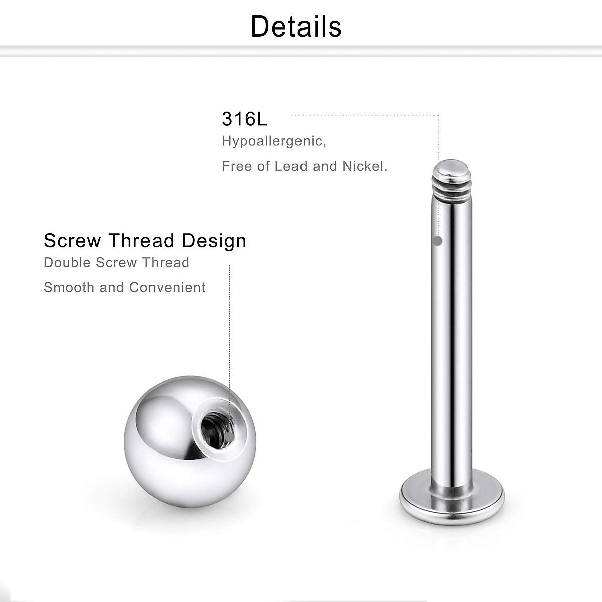 Dyknasz 15PCS 14G Surgical Steel Labret Monroe Lip Ring Studs Cartilage Tragus Helix Conch Earring Stud Barbell Piercing Jewelry for Women 8mm Silvertone