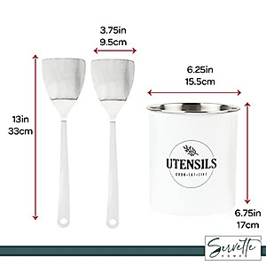 Stainless Steel Utensil Holder with 2 pc Set of Turners -White Crock Caddy for Large Utensil Holder for Kitchen Counter.