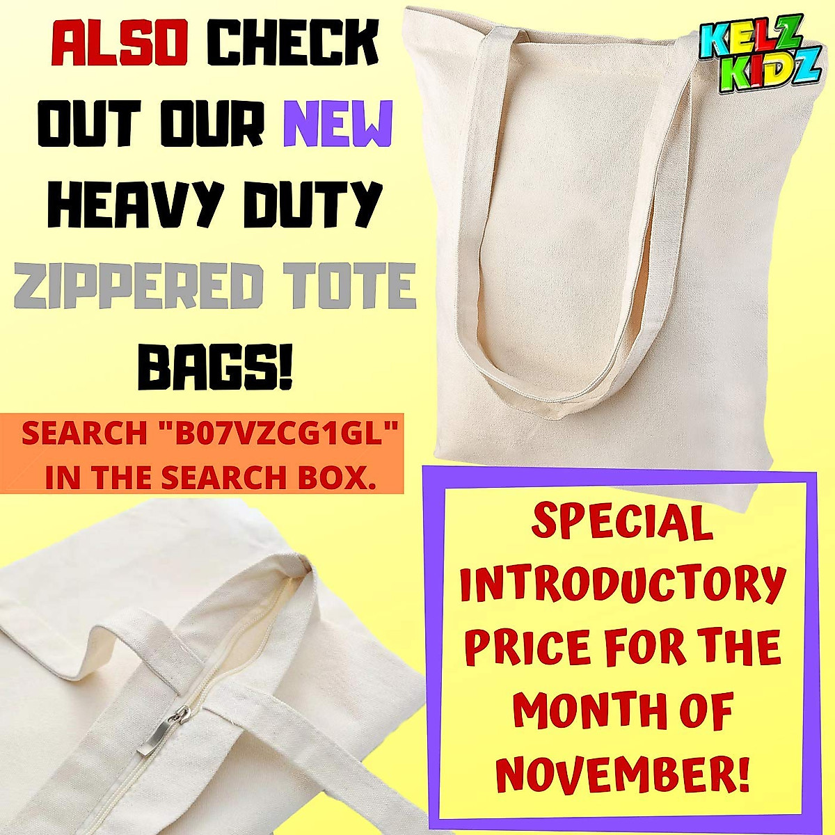 KELZ KIDZ Heavy Duty Large Canvas Tote Bags (6 Pack) with Bottom Gusset for Crafts, Shopping, Groceries, and More! (15x14x4 Inches) (6 Pack, Natural)