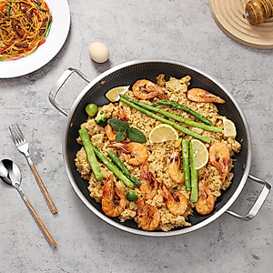 DELARLO Paella Pan 14 Inch Tri-Ply Stainless Steel Paella Pan with Lid Nonstick Frying Pan, Hybird Induction Large Skillets,Great for Paella Parties Indoors Outdoors,Heavy Duty Style