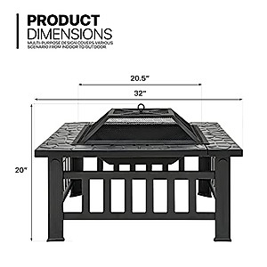 MoNiBloom 32" Outdoor Fire Pit Table Wood Burning Fireplace Backyard Patio Firepit Desk with Grill Spark Screen Cover for Outside Beach Camping Picnic, Black