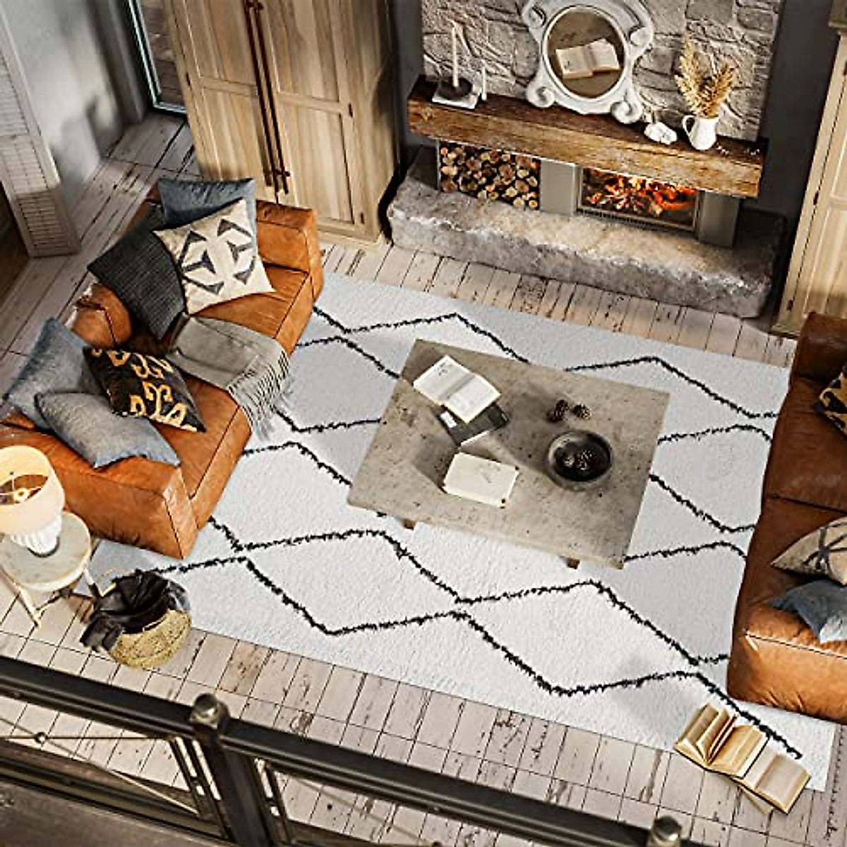 JONATHAN Y MOH405A-3 Catala Moroccan Diamond Shag Indoor Area-Rug Bohemian Geometric Modern Glam Easy-Cleaning Bedroom Kitchen Living Room Non Shedding, 3 X 5, White/Black