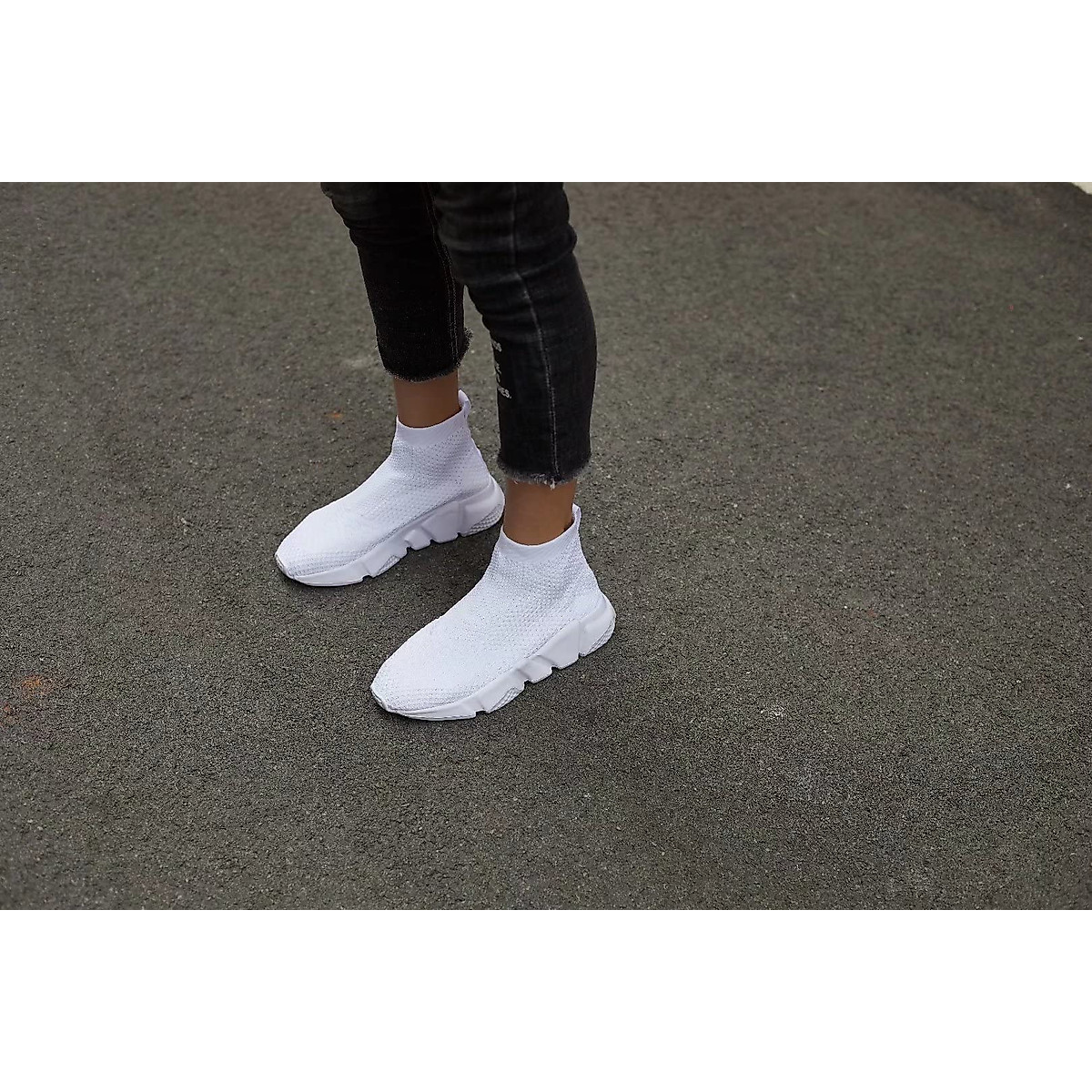 YAVY Girls Sneakers White Walking Shoes Boys High Top Sneakers Breathable Kids Tennis Shoes Lightweight Walking Shoes Slip On Knit Sock Sneakers for Girls Tennis Shoes Size 4.5 White 054-36