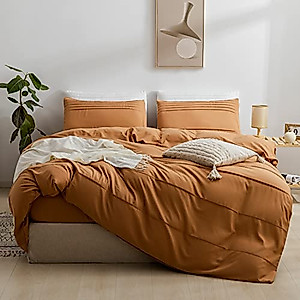 JELLYMONI Queen Size Rust Duvet Cover Set - 3PCS Microfiber Bedding Set, Stylish Pleated Design, 8 Corner Ties & Zipper Closure, Ultra Soft and Comfortable