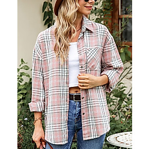 Lumister Oversized Flannel Shirt Women Long Sleeve Plaid Button Down Buffalo Shirt Blouse Tops with One Pocket(0405-Pink-L)