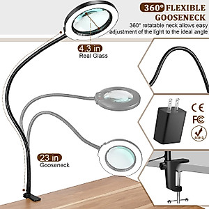 VEEMAGNI 23" Magnifying Glass with Light and Clamp, 5 Color Modes Stepless Dimmable LED Gooseneck Desk Lamp, 5X Real Glass Table Lighted Magnifier Hands Free for Craft Painting Close Work Hobby Sewing