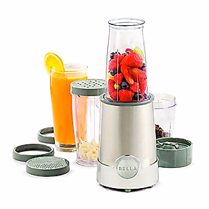BELLA Personal Size Rocket Blender, Perfect for Smoothies, Shakes & Healthy Drinks, Easy Grinding, Chopping & Food Prep, 285 Watt Power Base, 12 Piece Blending Set, Stainless Steel