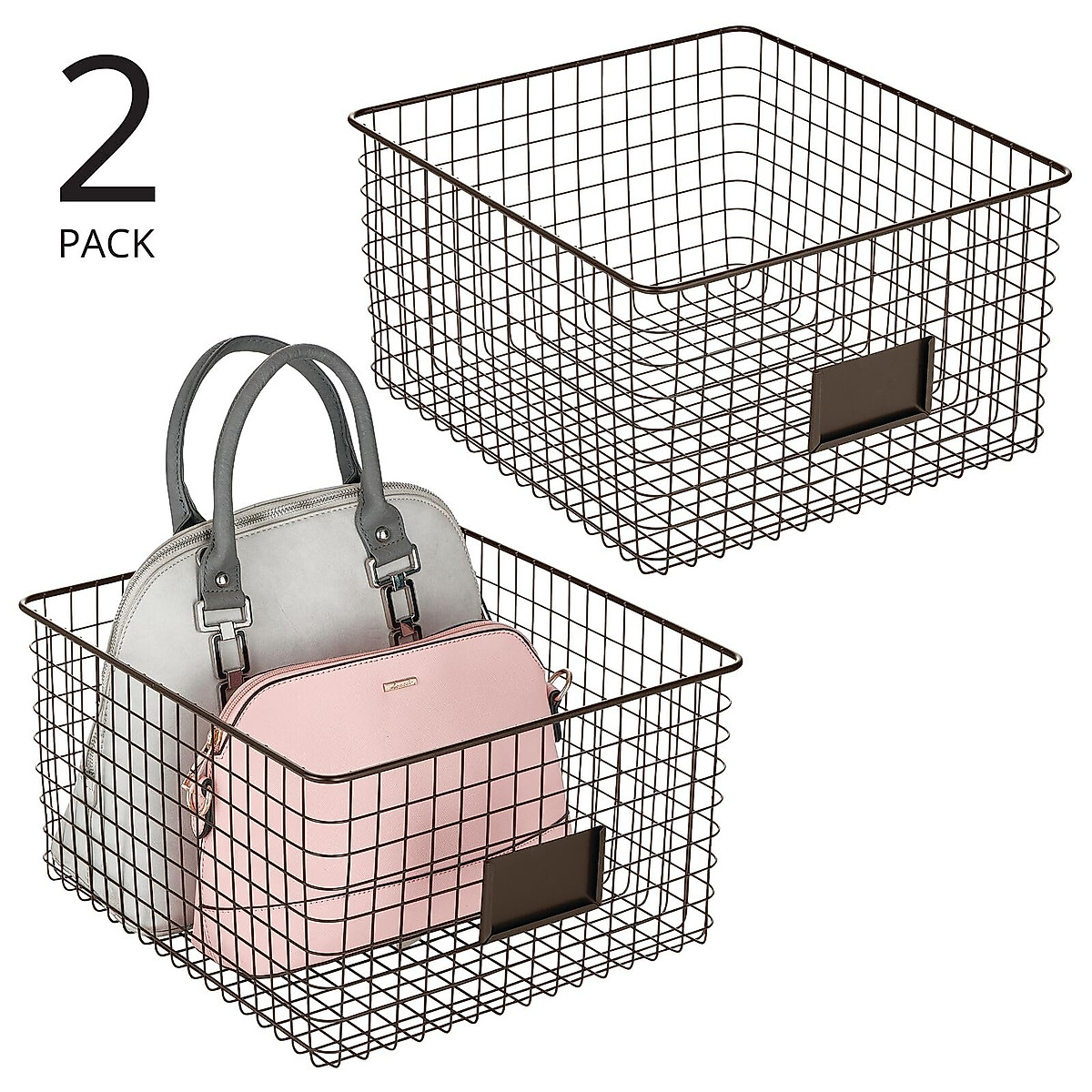 mDesign Wide Metal Farmhouse Storage Organizer Bin Baskets with Label Slot for Closet, Cabinet, Cupboard - Wire Organizing Basket Holds Clothing, Linens, Shoes, Omaha Collection, 2 Pack, Bronze