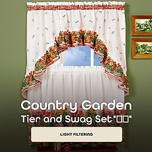 Light Filtering Printed Tier & Swag Window Curtain Set - 36 Inch Length, 57 Inch Width - Country Garden - Machine Washable Polyester Drape for Kitchen, Living, & Dining Room by Achim Home Decor
