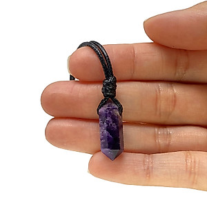 Luck Strings Natural Amethyst Point Necklace Quartz Crystal Pendant for Men Women Unisex Adult - Spiritual Meditation Stone Cord Choker Gift