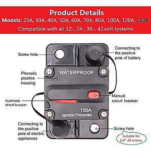 ANJOSHI 150 Amp Circuit Breaker with Manual Reset for Car Truck RV ATV Marine Trolling Motors Boat Audio System Current Overload Protection Inline Fuse Inverter, 20A-150A/12V-42V DC Waterproof (150A)