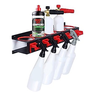 Spray Bottle Storage Rack,Spray Bottle Holder,Wall Mounted Garage Bottle Organizer with 5 Plastic Hanging Hooks Cleaning Detailing Tools Hanger,Abrasive Material Hanging Rail Car Beauty Shop Accessory