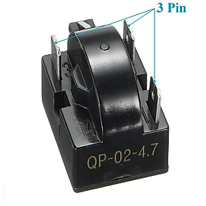MEETOOT 1pcs QP-02-4.7 PTC Refrigerator Start Relay 3 Pin Coolers Compressor Starter 4.7 ohm with 1pcs Refrigerator Overload Protector 1/2HP