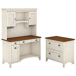Bush Furniture Fairview Computer Desk with Hutch and 2 Drawer Lateral File Cabinet, Antique White
