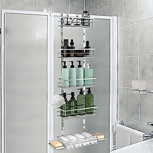Over the Door Shower Caddy, 5-Tier Adjustable Hanging Shower Organizer Rustproof Metal Bathroom Storage Shelf Shower Basket with Soap Holder & Suction Cup for Shampoo, Conditioner, Sliver