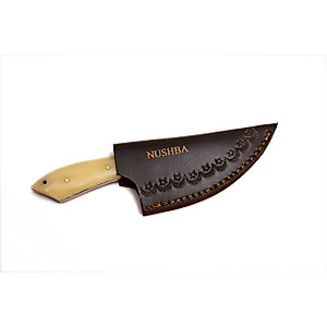 NUSHBA 017 Handmade Fixed Blade Hunting Skinner Knife, Damascus Steel Blade, Camal Bone Handle -Best Hunting Knife with Cow Brown Leather Sheath