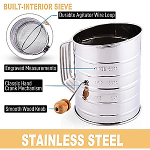 Zemensha Stainless Steel 3 Cups Flour Sifter for baking | Rotary Hand Crank Powdered sugar shaker and flour duster|