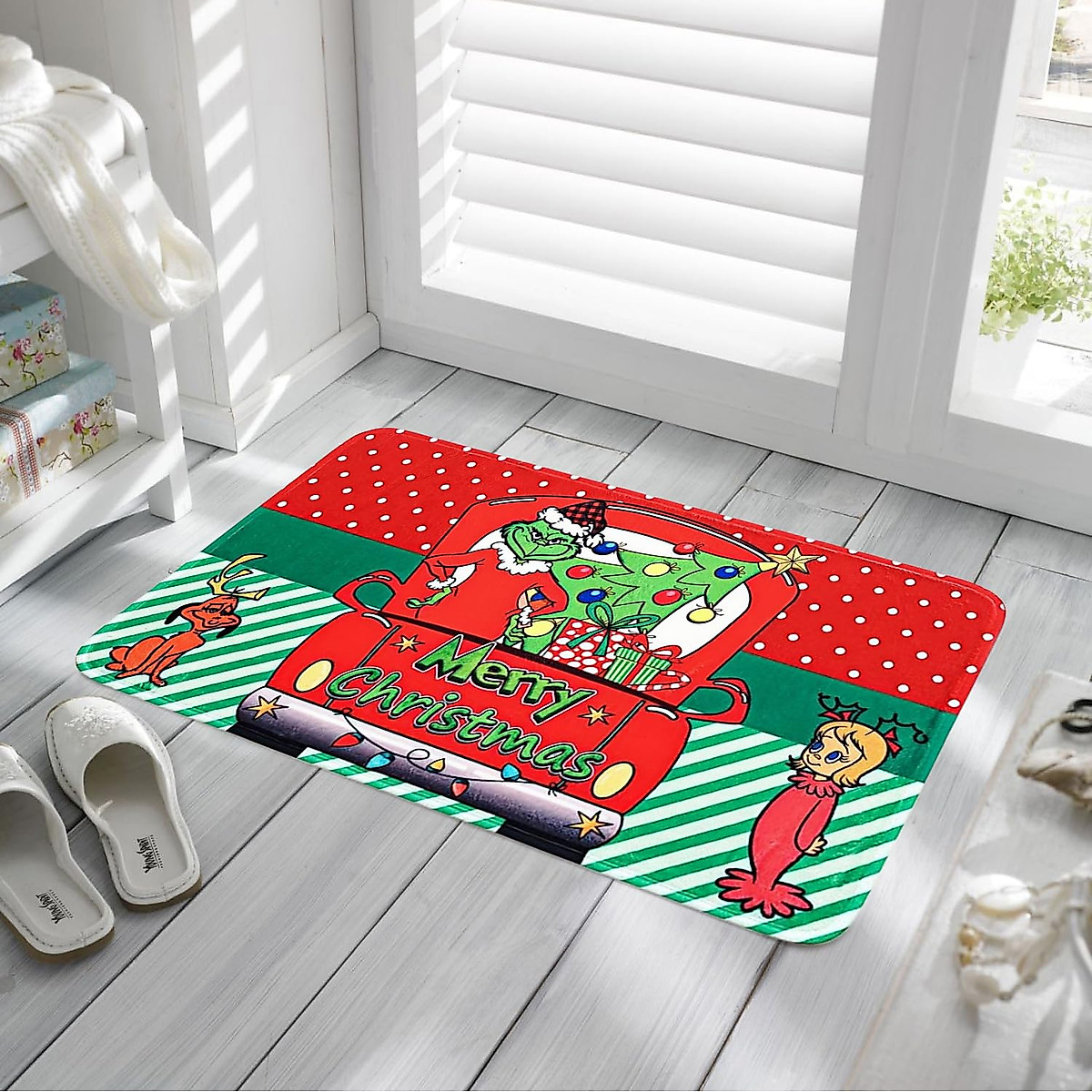 EVECILOO Christma Door Mat, Green Cartoon Character Car Kitchen Rug Decor of Winter Holiday Party Home Decorations Non-Slip, Washable, Stain and Resistant Fade, Car