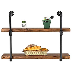 mecor 2022 New Industrial Wall Shelf 2-Tier with Planks, Wall Mount Iron Pipe Shelves, Wood and Metal Frame Wall Bookcase