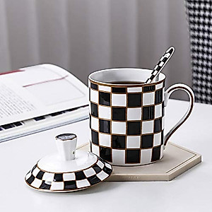 Porlien Checker Pattern Mug Set of 2 with Lid and Spoon, 15oz, Matching Checker Dinnerware Set