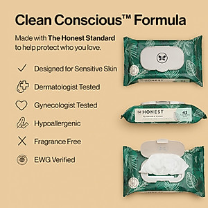 The Honest Company Flushable Wipes for Sensitive Skin | Fragrance Free, Hypoallergenic, 99% Water, Safe to Flush | Tropical Leaves, 126 Count