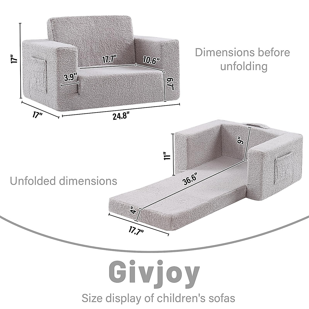 Givjoy Toddler Chair Sherpa Kids Couch, 2-in-1 Toddler Soft Kids Sofa Toddler Lounger Chair for Bedroom, Convertible Toddler Couch for Girls and Boys, Reading Chair for Kids, Grey