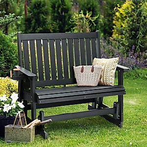 Poly Lumber Patio Glider Two Seat with Cup Holders, Durable HIPS Material, All-Weather Resistant, High Backrest and Deep Contoured Seat, Heavy Duty 900 LB, for Outdoor, Porch, Patio (Carbon Black)