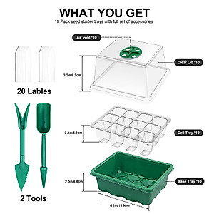 Maylaviu Seed Starter Tray, 10 Pack Seed Starter kit with Adjustable Humidity Dome, Higher Cover Green Propagation Tray, Seedling Starter Trays Mini Greenhouse Indoor for Gardens (120 Cells)