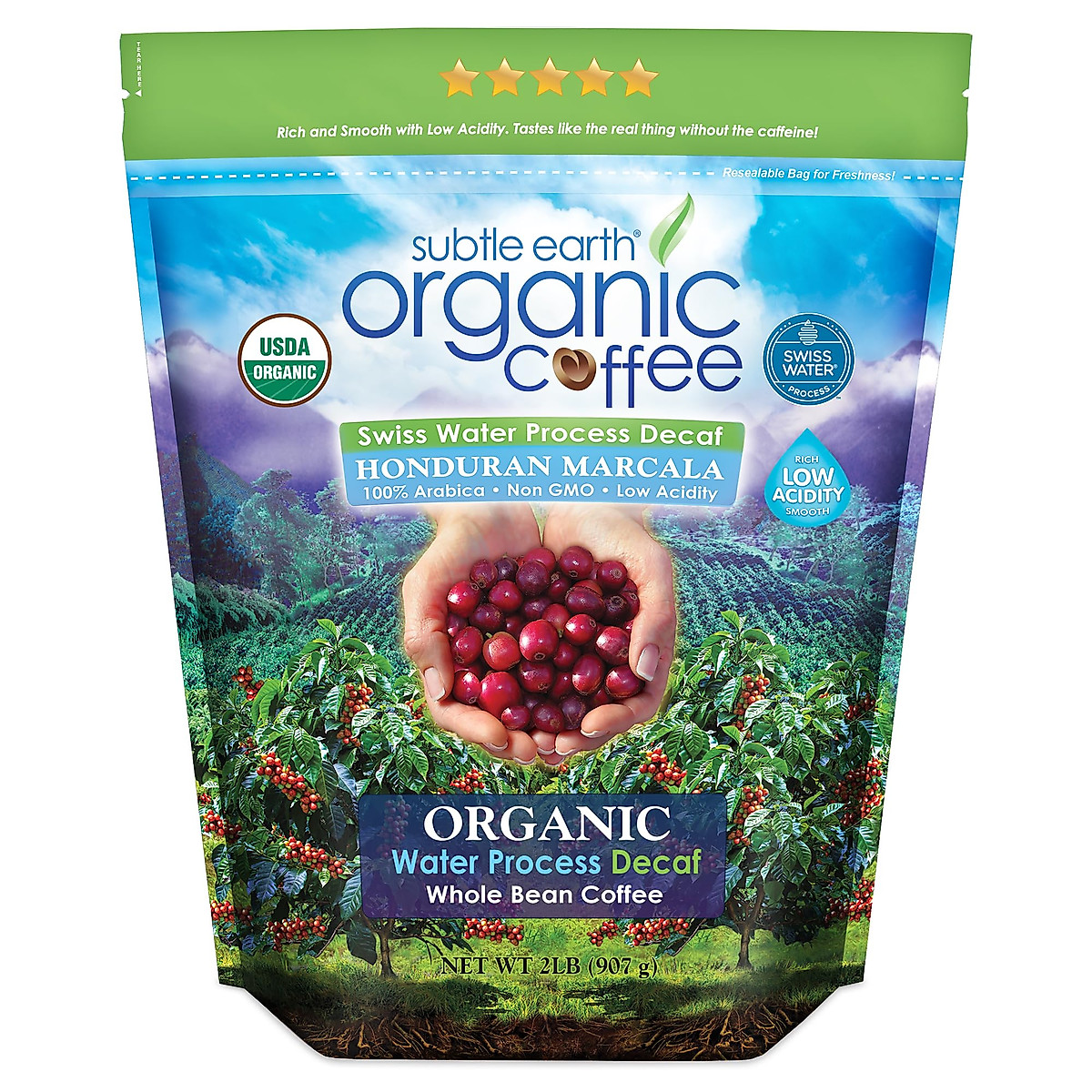 2LB Subtle Earth Organic Decaf - Swiss Water Process Decaf - Medium Dark Roast - Whole Bean Coffee - Low Acidity - Organic Certified by CCOF - 2 Pound Bag