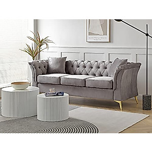 kevinplus 84'' Chesterfield Sofa Couch for Living Room, Modern Velvet 3-Seat Upholstered Sofa Couch for Apartment Bedroom Dorm Office, Strong Gold Metal Legs, 2 Pillows, Grey
