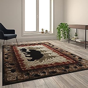 Flash Furniture Ursus Collection Rustic Lodge Wandering Black Bear & Cub Area Rug - Olefin Fibers in Brown, Beige, Black, & Green - 6' x 9' Accent Rug - Jute Backing
