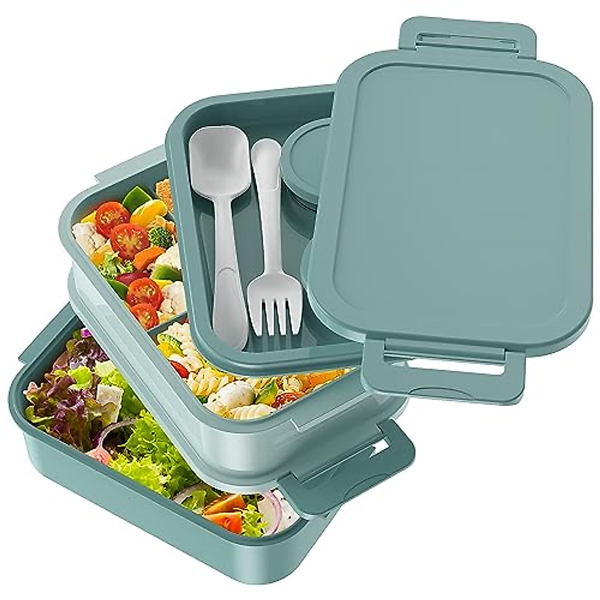 Jelife Bento Box Adult Lunch Box - 72oz Stackable Bento Lunch Box for Adults, 3 Layers Leak-Proof All-in-One Large Bento Box Lunchbox with Utensil Sauce Dressing Containers for Dining Out,Work, Green