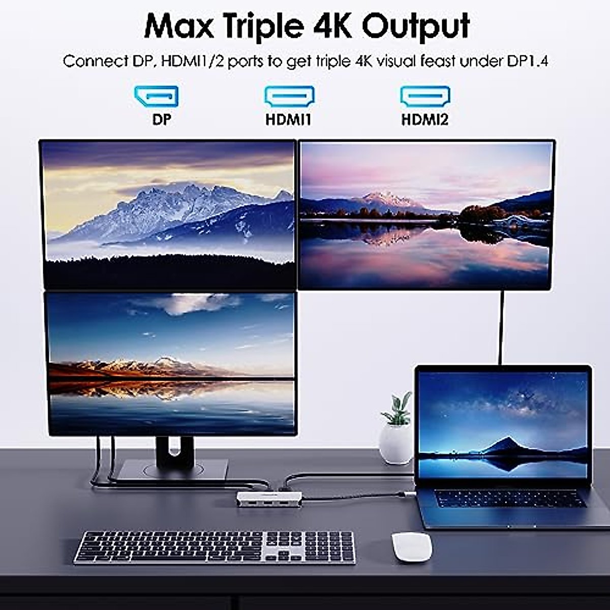 USB C to Dual HDMI Adapter 4K 60hz, 7 in 1 USB C Docking Station with 2 HDMI Displayport VGA Hub, USB C Splitter 4 Monitors Extended Display, USB C Adapter Multiport Dongle for MacBook/Dell/HP/Lenovo