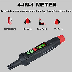 Portable Thermo-Hygrometer 4-in-1 Digital Psychrometer Mini Temperature Humidity Meter Pen Type Home Greenhouse Indoor Hygrometer with Dew Point & Wet Bulb Temperature, Max/Min, Backlight LCD Display