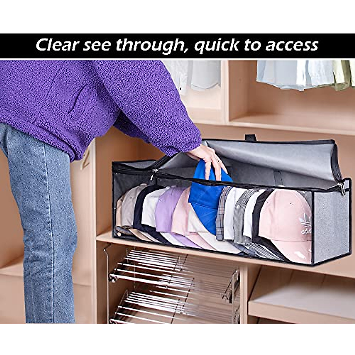 KIMBORA 2 PCS Wide Hat Storage for Baseball Caps Organizer with 2 Sturdy Handles Hat Racks Holder Grey Capbox Stackable for Home Travel