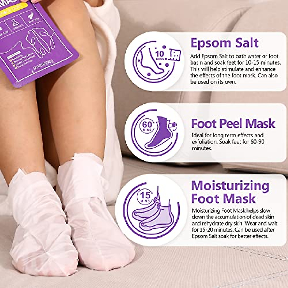 Foot Masks Puresoak Bath Foot Peel Mask (2 Pairs) + Moisturizing Foot Mask (2 Pairs) with 1Pack Epsom Salt Foot Spa Bath Kit Gift Set | Lavender Bliss Foot Peel Mask Lemongrass & Aloe Moisturizing Mask Foot Relaxing Soft Treatment for Women & Men Foot Car