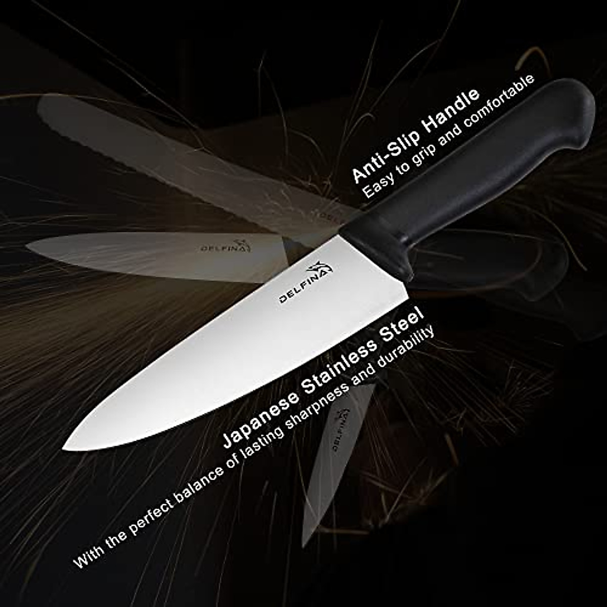 DELFINA Professional 5 Piece Knife Set with 12" Stainless Magnetic Knife Bar, Premium Stainless Steel Chef Knife Set, Heavy Duty Magnet Bar, Easy Install For Kitchen Storage (5-PCS-BLACK)