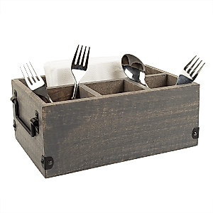 GoCraft 4 Compartment Flatware Caddy, Cutlery Utensil Holder, Silverware Condiment Organizer with Napkin Holder for Kitchen, Dining, Picnics, Grey Washed Mango Wood Caddy with Metal Handles