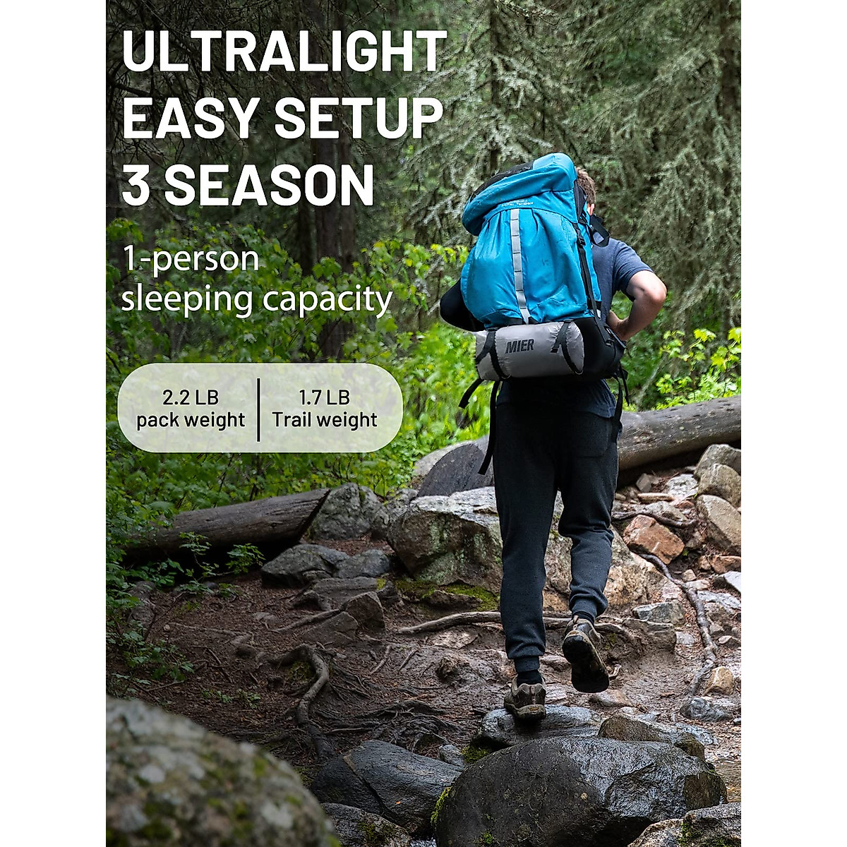 MIER Lanshan Ultralight Tent 3-Season Backpacking Tent for 1-Person or 2-Person Camping, Trekking, Kayaking, Climbing, Hiking, Green, 1-Person