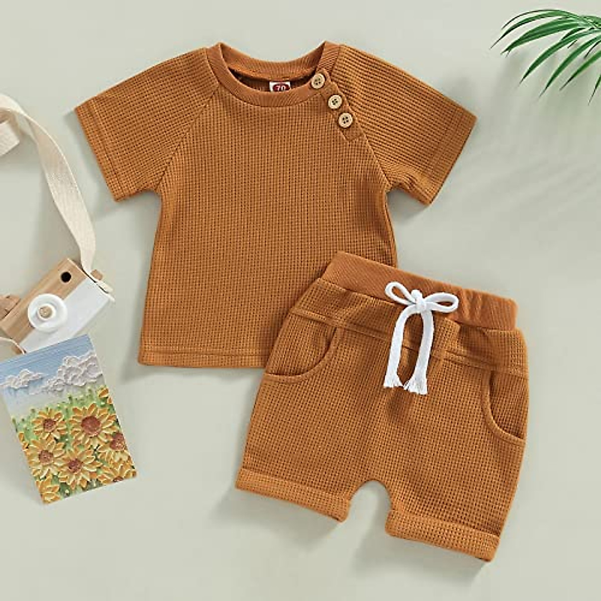 Newborn Baby Boy Girl Summer Outfits Solid Ribbed Knit Cotton Short Sleeve T-Shirt Top+Drawstring Shorts Clothes (Knit Set Caramel, 2-3 Years)
