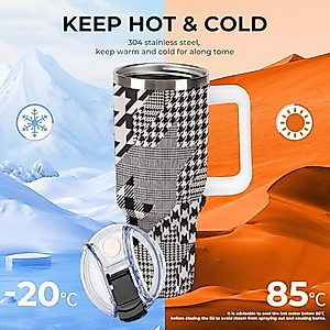 Niapessel Leak Proof Tumbler, Insulated Water Bottles with Straw, Houndstooth Black White Insulated Cup with Handle 40 Oz Stainless Steel Flask for School, Travel, Car, Sports, Work