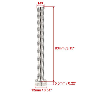 uxcell M8x80mm Hex Bolts 304 Stainless Steel Hexagon Screw Bolt 5 Pcs