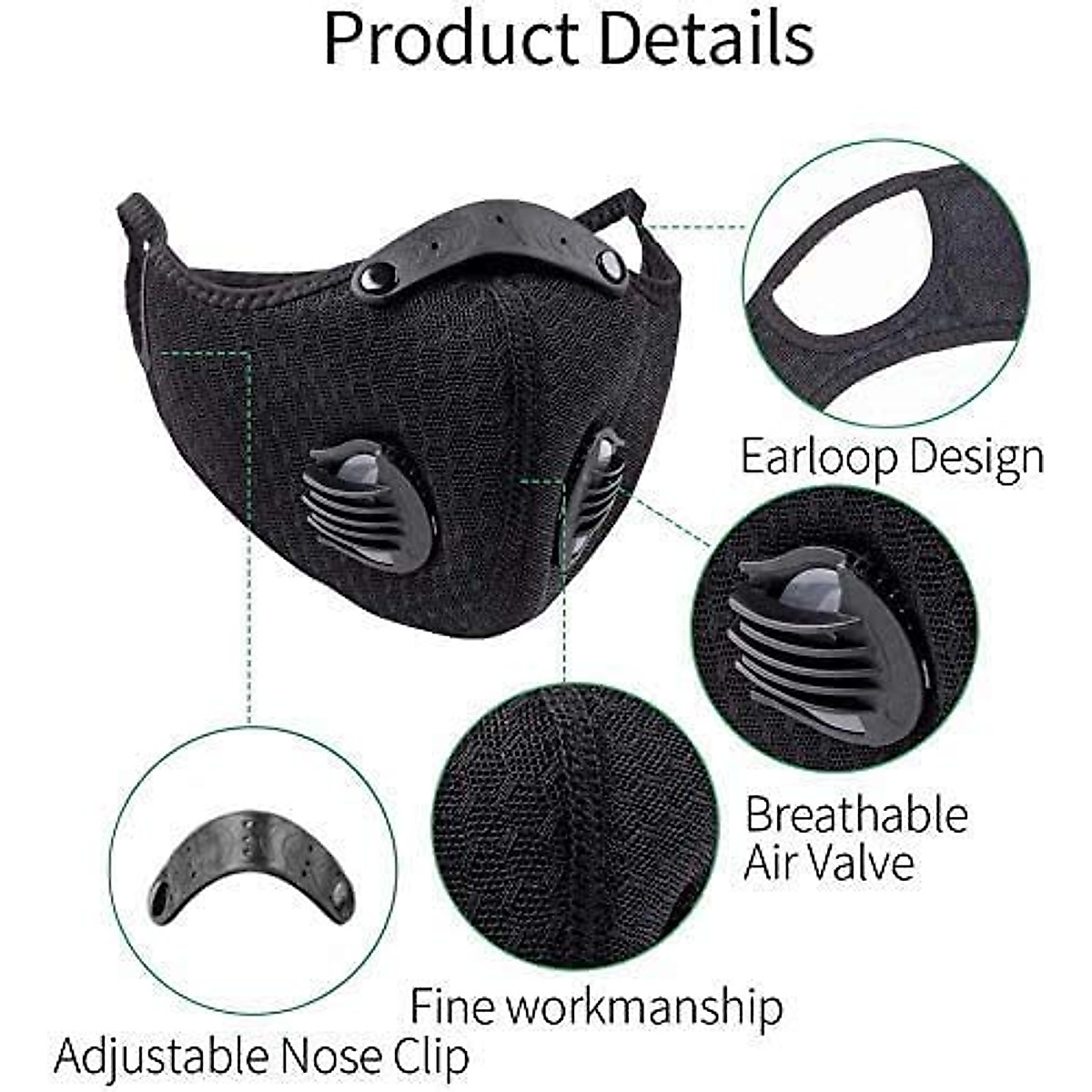 NUENUN 5 Pack Unisex Adjustable Reusable Washable Dust Protect Mouth Cover with 10 Carbon Filters and 10 Breathing Valves for Bicycle Running Riding Cycling Outdoor Sport Black